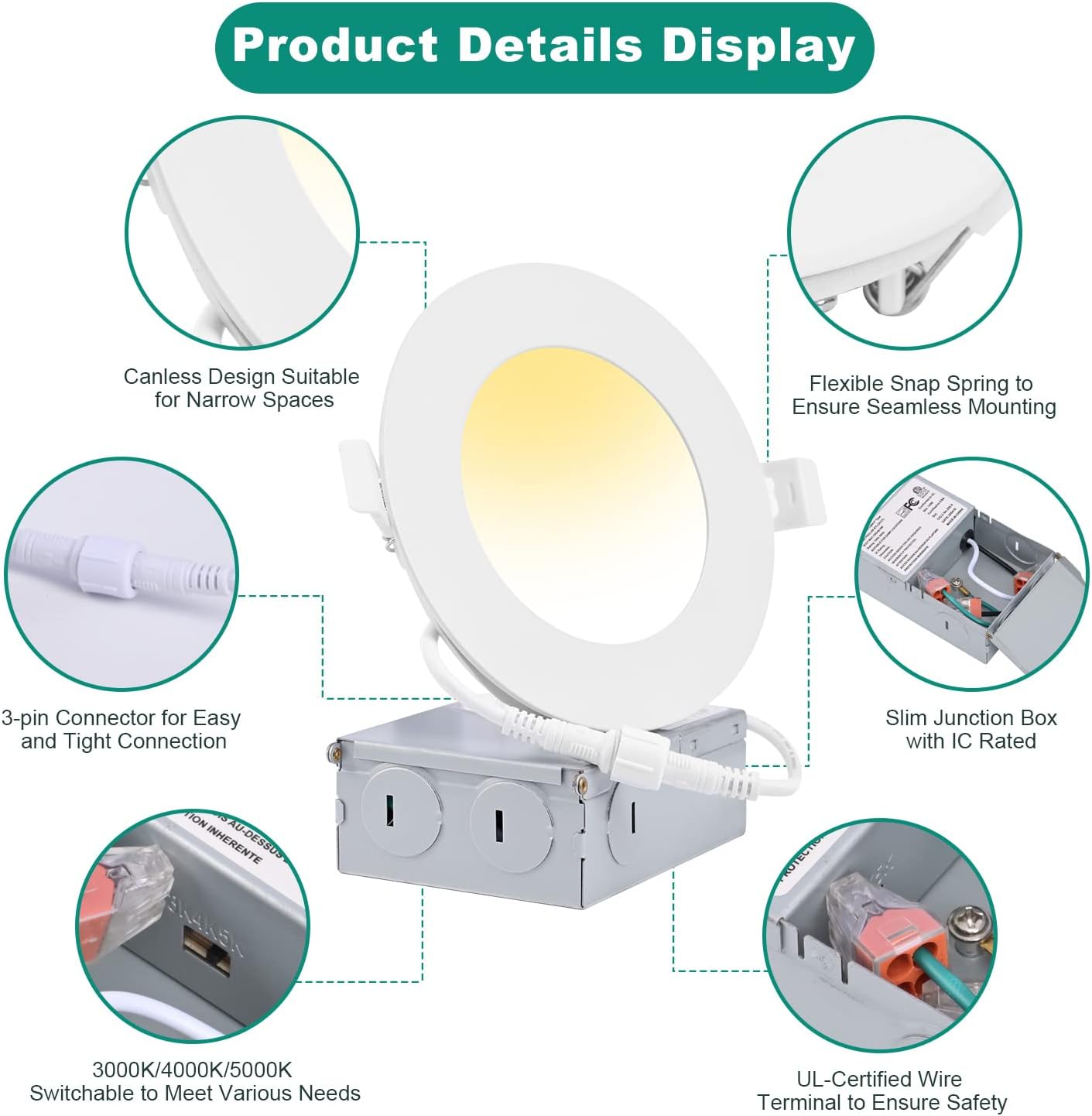 4‘‘ 5CCT WET LED RECESSED SLIM DOWNLIGHTS WITH JUNCTION BOX DIMMABLE IC RATED CEILING LIGHTING ...